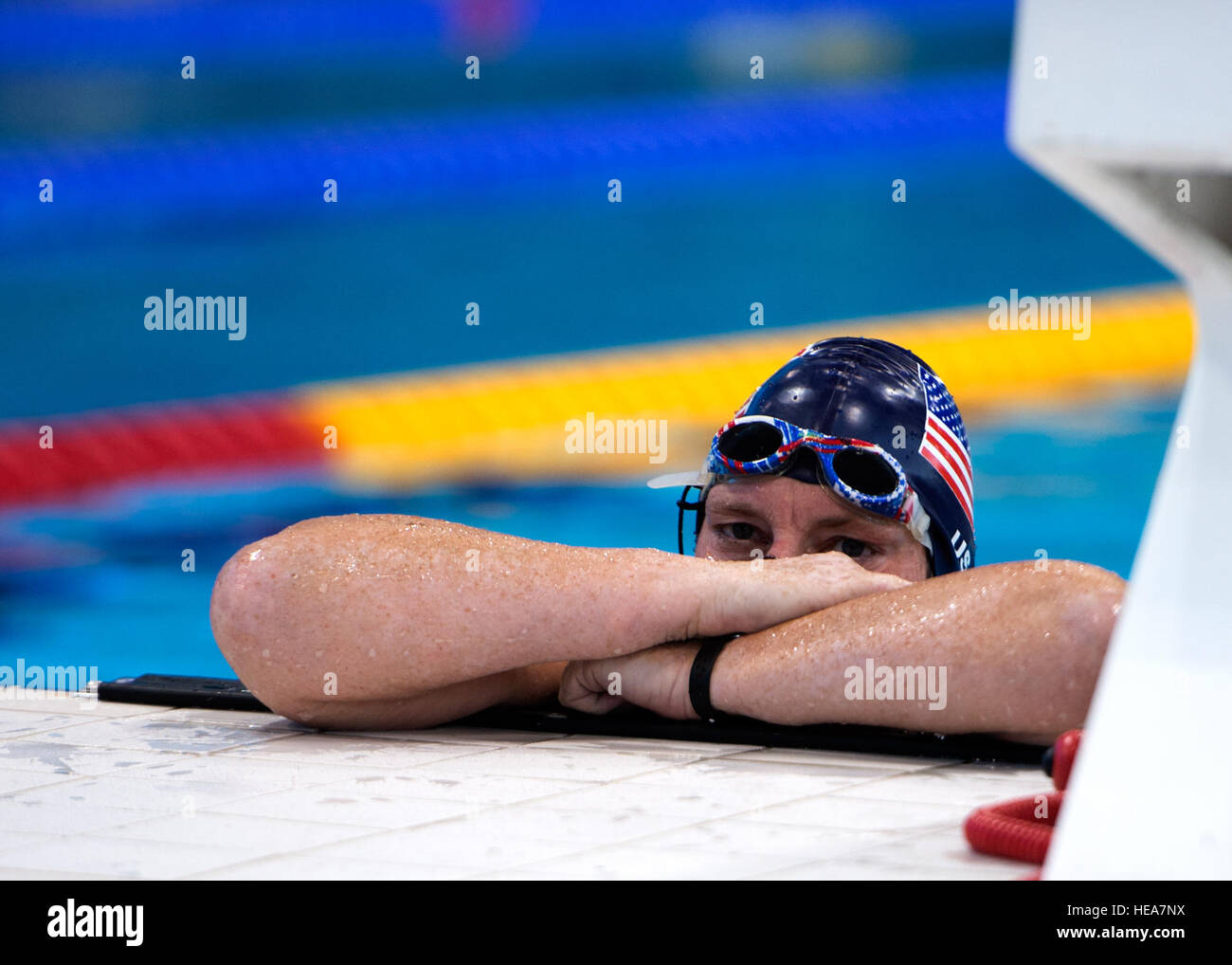 Retired U.S. Army Staff Sgt. Chanda Gaeth rests after her 50M freestyle ...