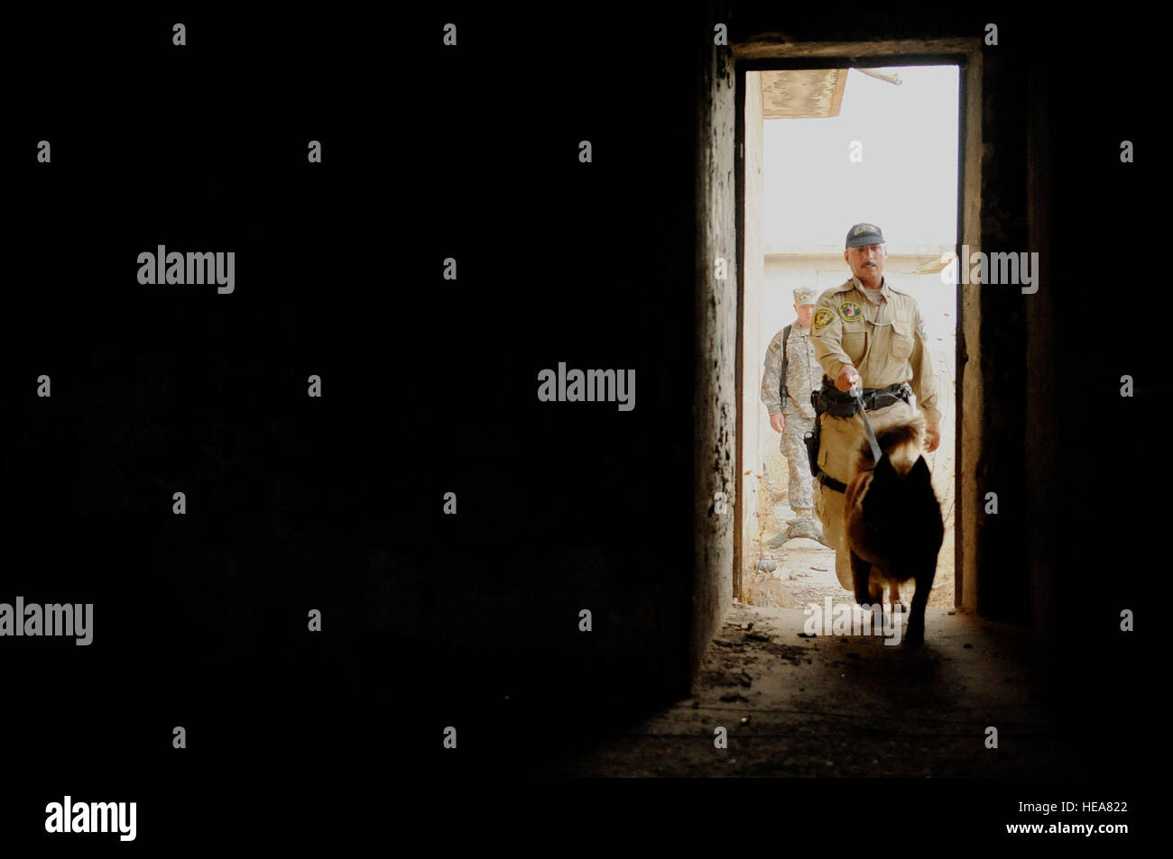 An Iraqi dog handler and his dog search for hidden explosives during a ...