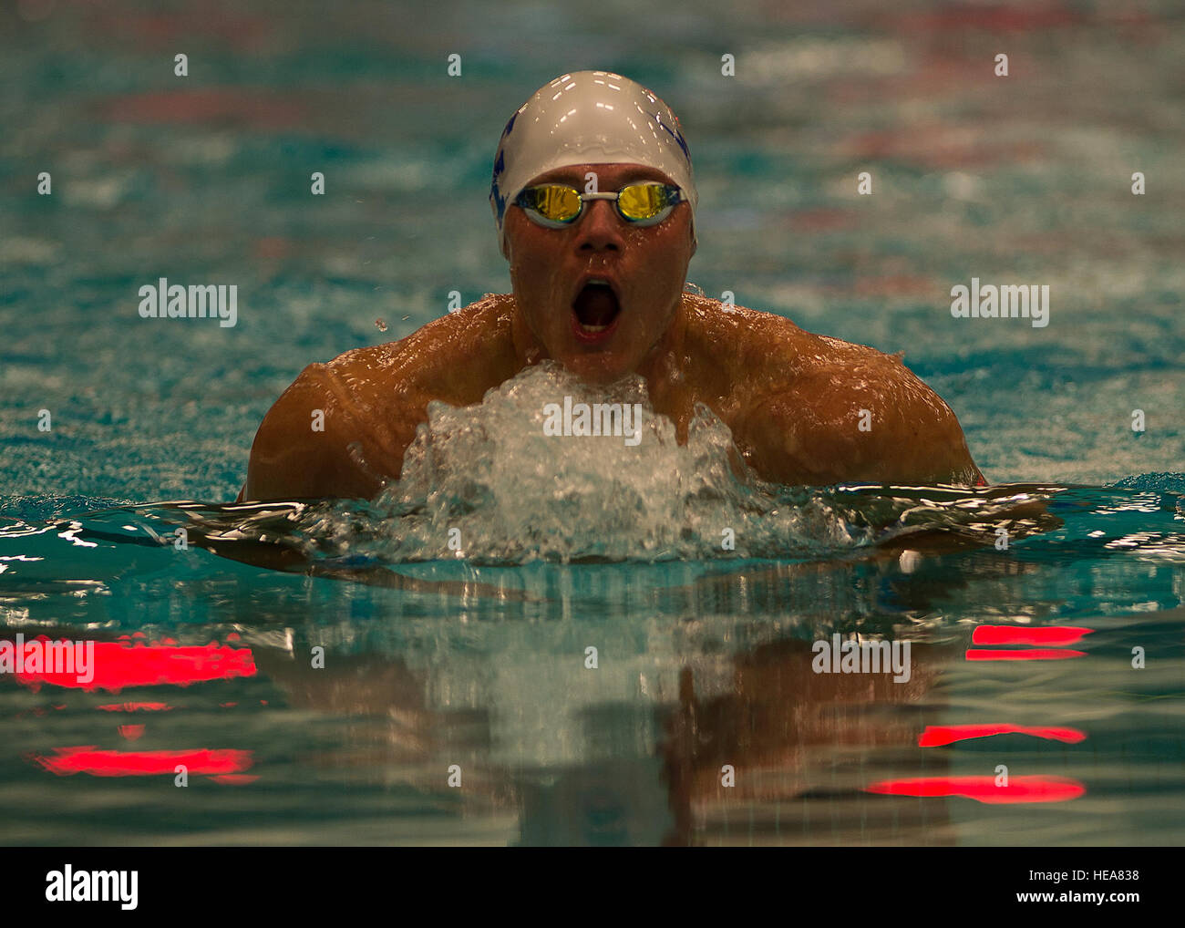 Air Force athlete Timothy Babb competes in the 50 meter breaststroke ...