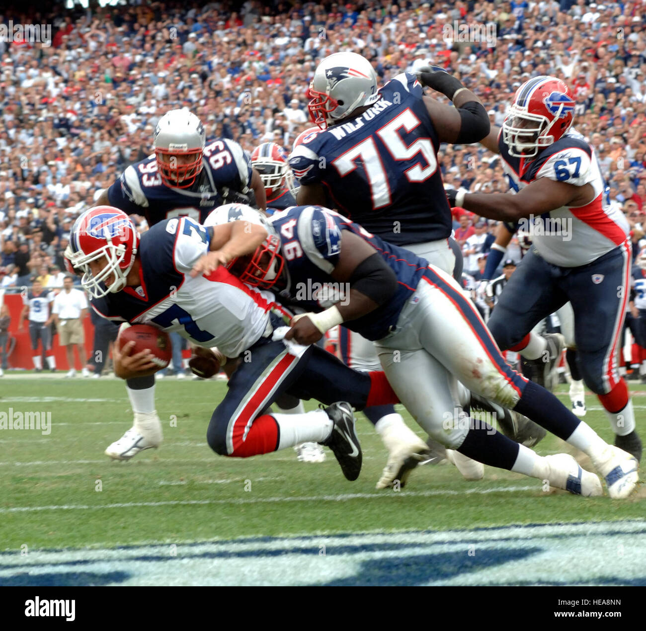 Buffalo Bills Quaterback J.P. Losman gets tackled in the endzone by ...