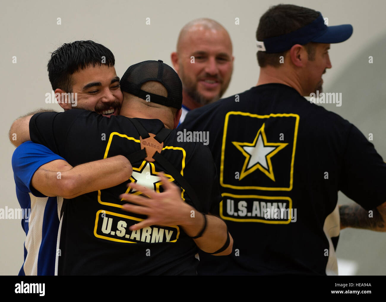 Air Force athlete Daniel Crane (left) congratulates a fellow competitor ...