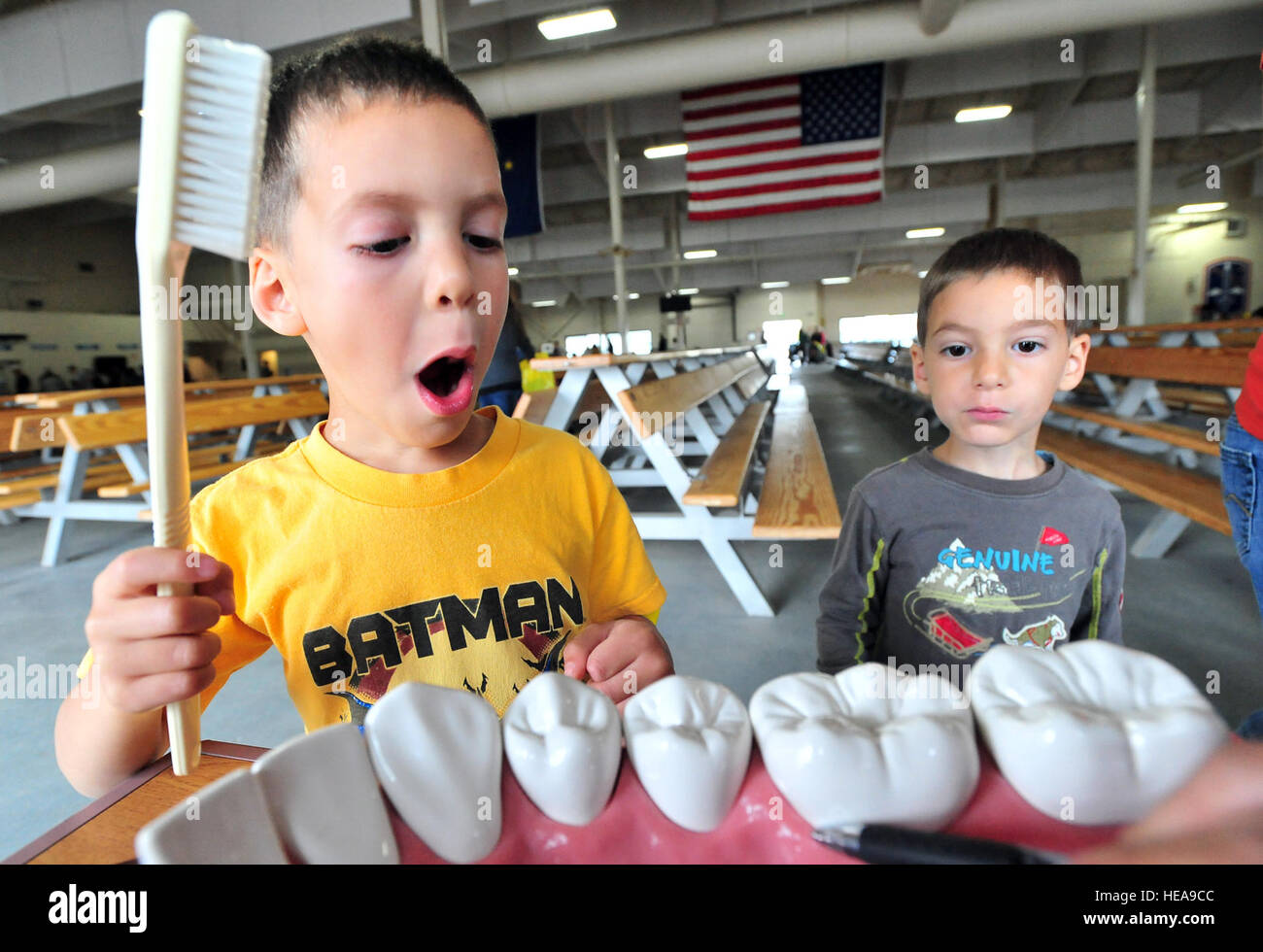 Dominic Binder, 5, and Trevor Binder,4, look at a oral hygene station ...