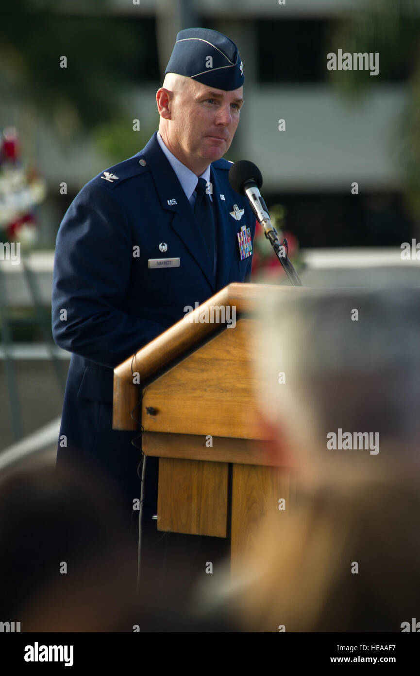 U.S. Air Force Col. Sam C. Barrett 115th Wing commander gives a speech ...