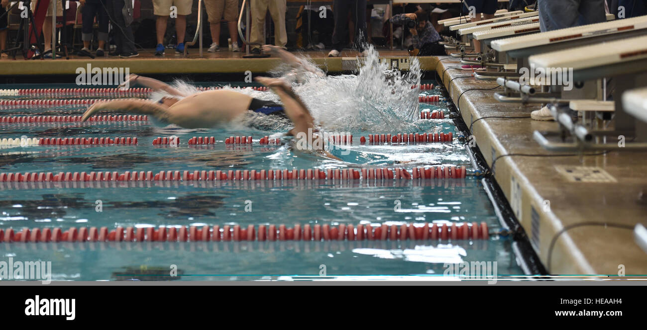 Air Force Wounded Warrior athletes compete in the 50-meter backstroke ...