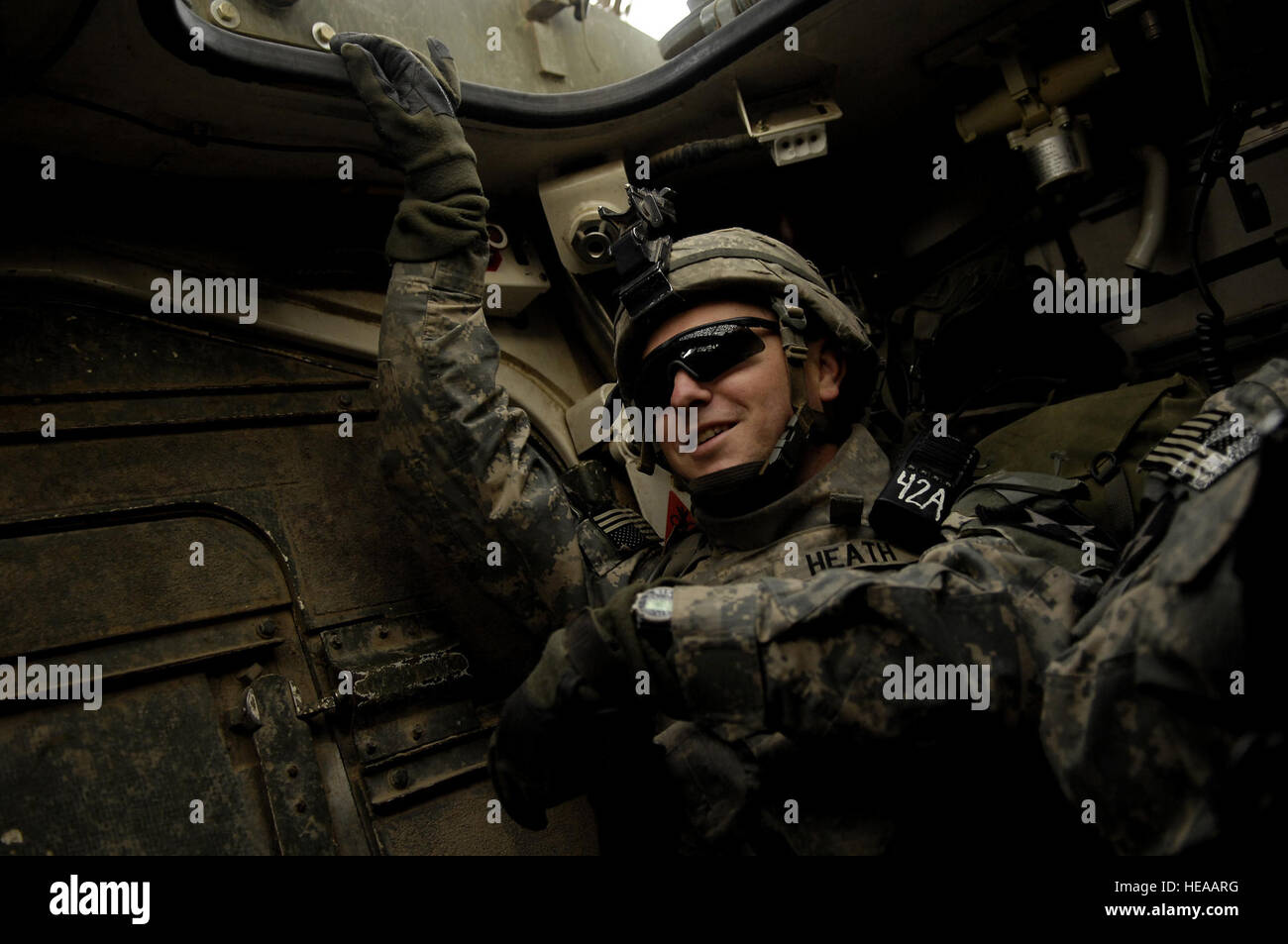 U.S. Army Sgt. Cory Heath waits to dismount for an Iraqi army lead foot ...