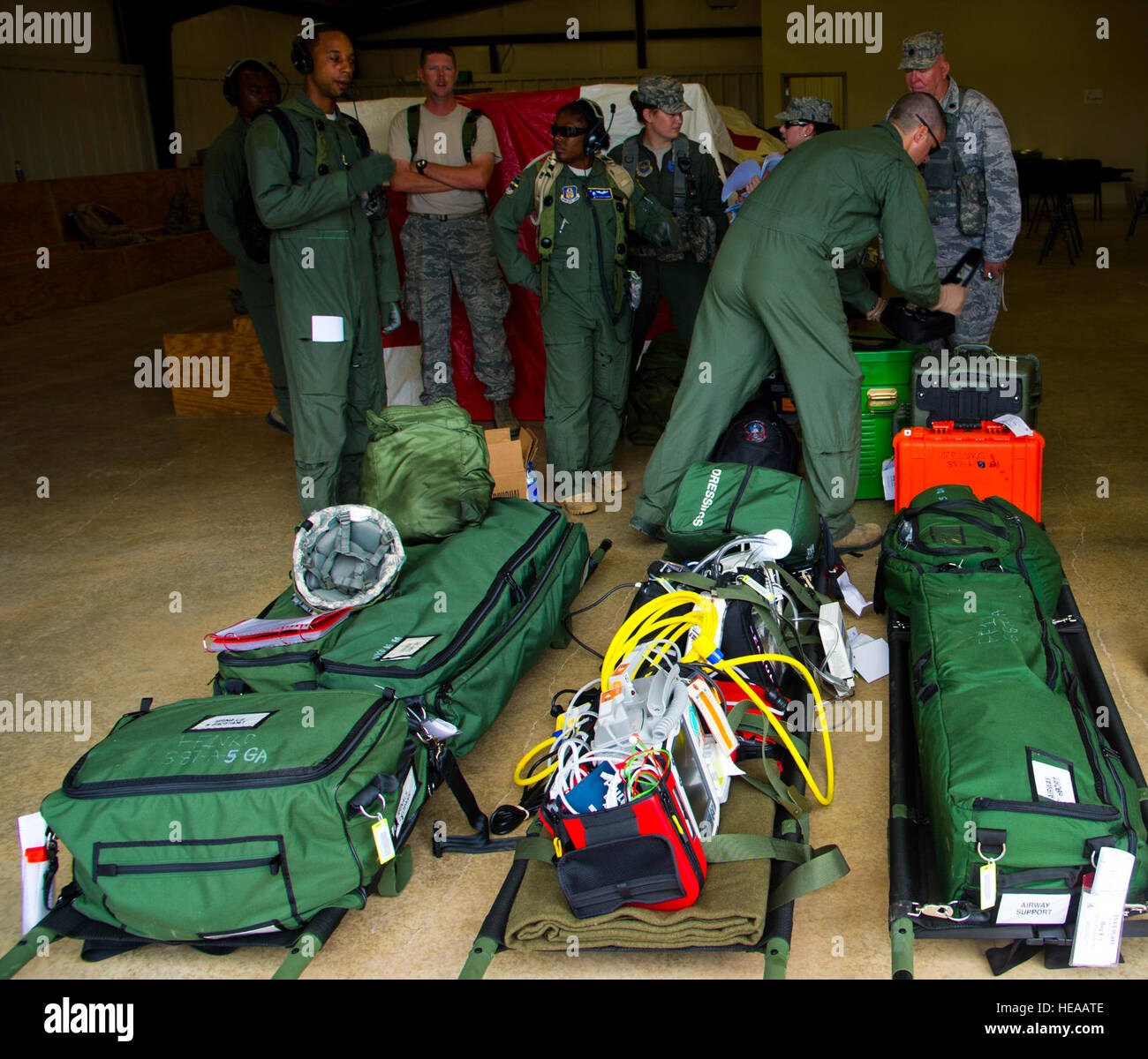 U.S Air Force Aeromedical personnel gather combat medical equipment ...