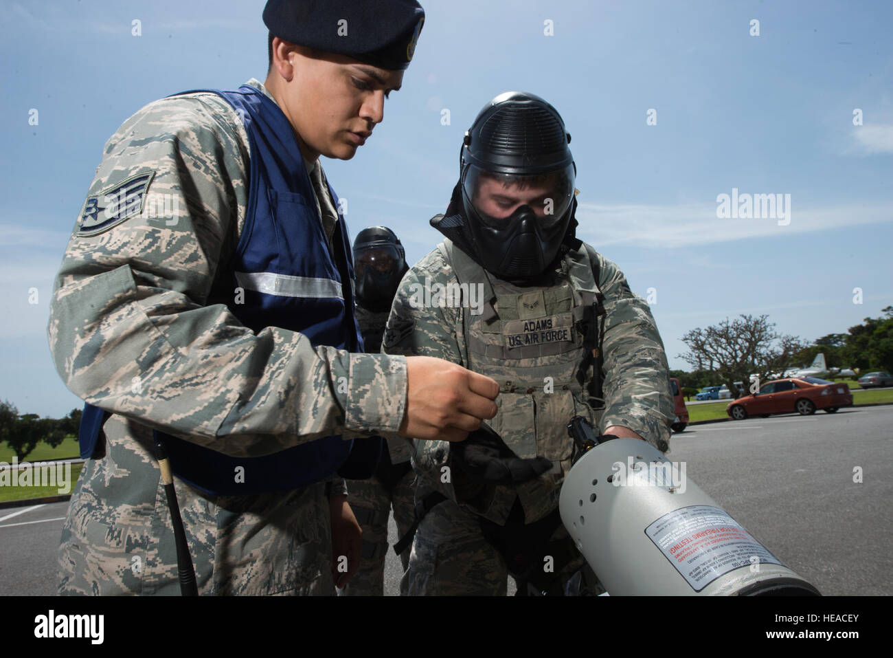 A U.S. Air Force Wing Inspection Team member ensures an 18th Security ...