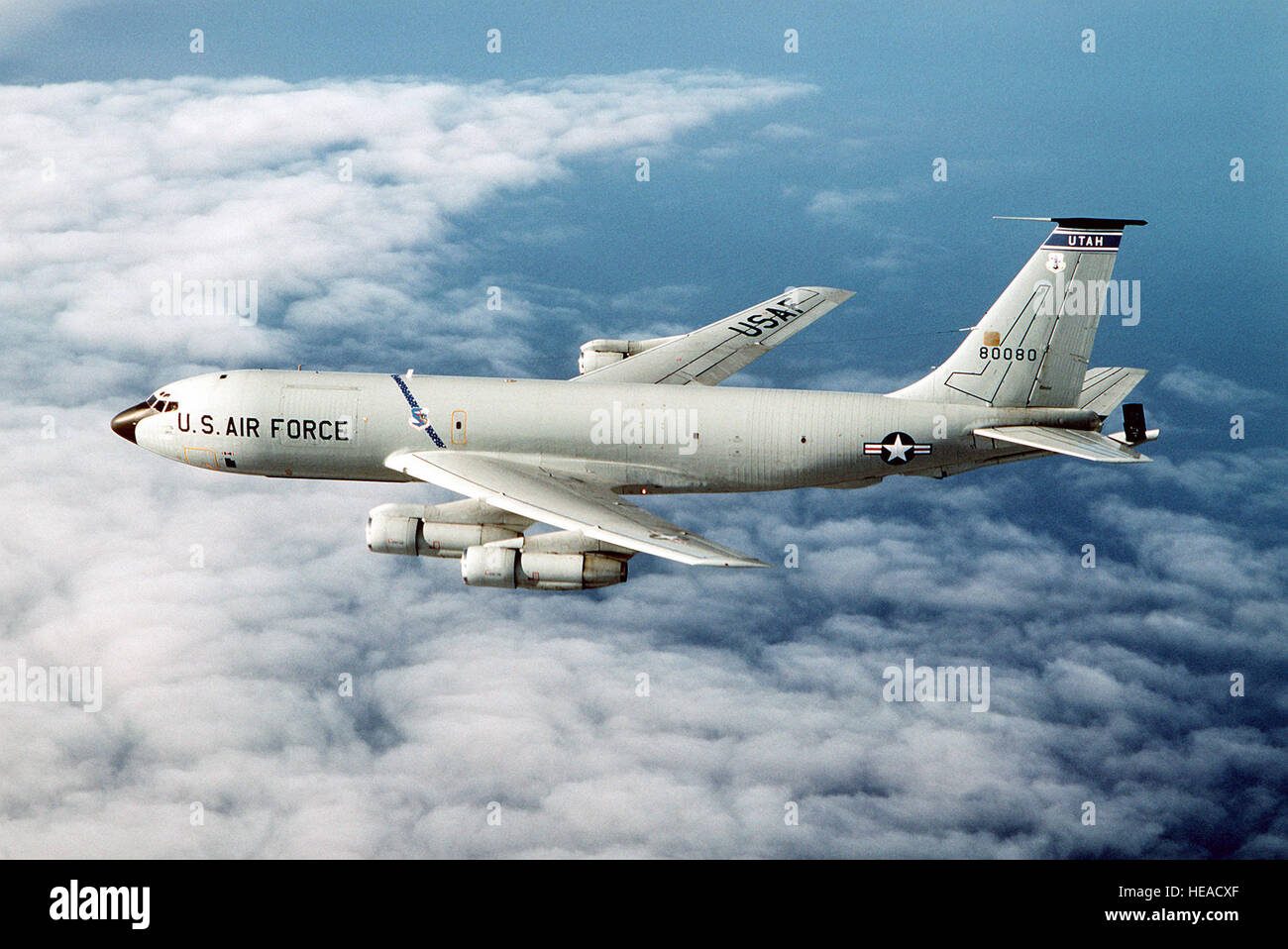 An air-to-air left side view of a Utah Air National Guard KC-135 ...