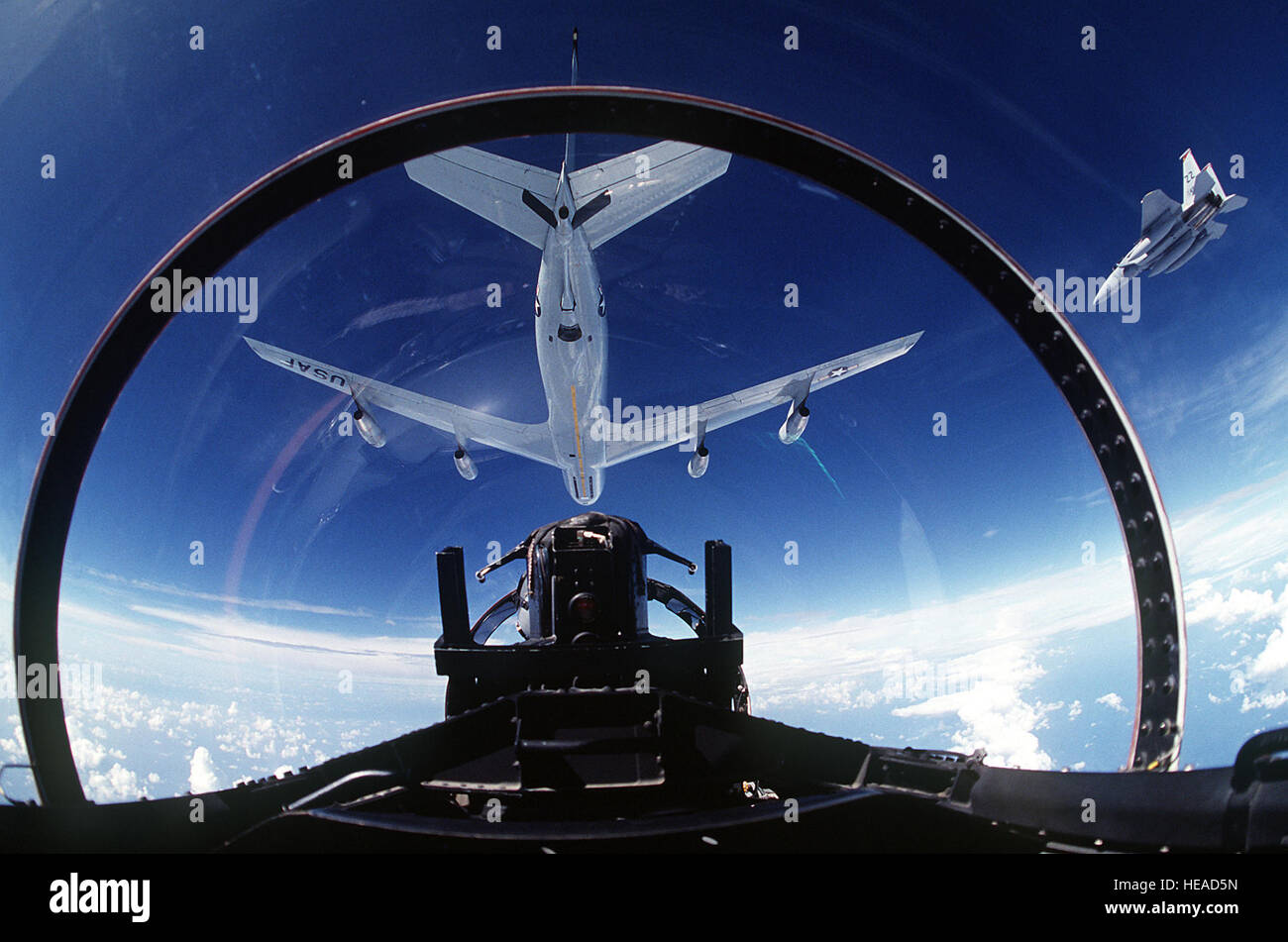 An air-to-air view of a KC-135A Stratotanker aircraft preparing to ...