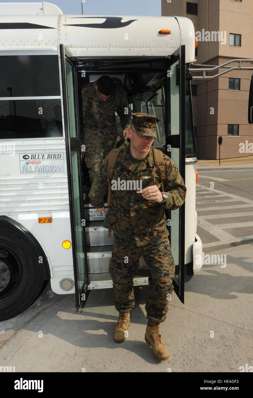 A U.S. Marine exits the Key Resolve shuttle from Tent City, Osan Air ...