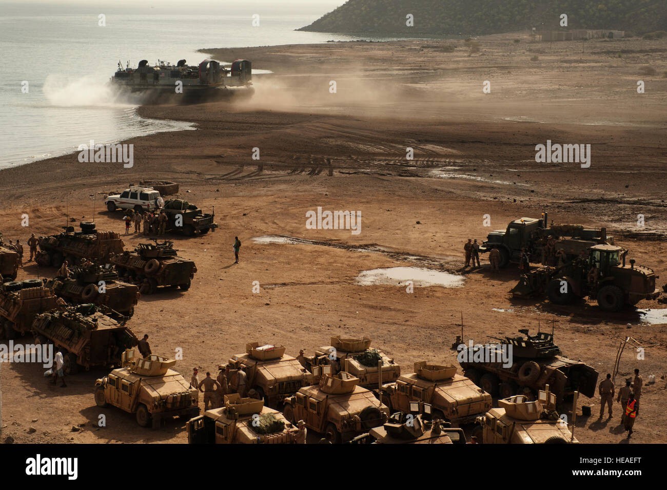 A land craft, air cushioned vessel (LCAC) takes off with U.S. Marines ...