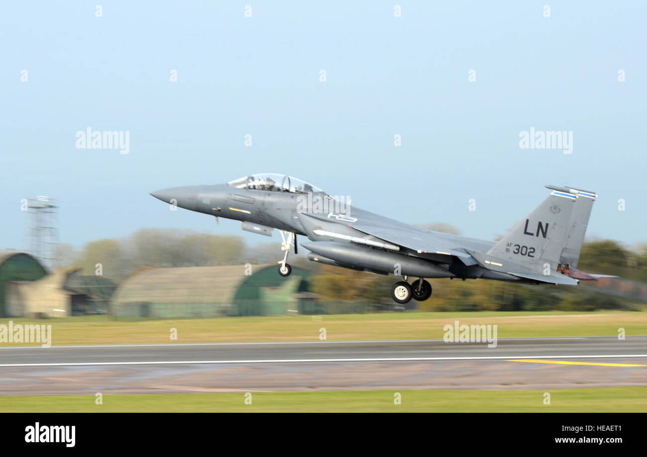 An F-15E Strike Eagle from the 492nd Fighter Squadron takes off to ...