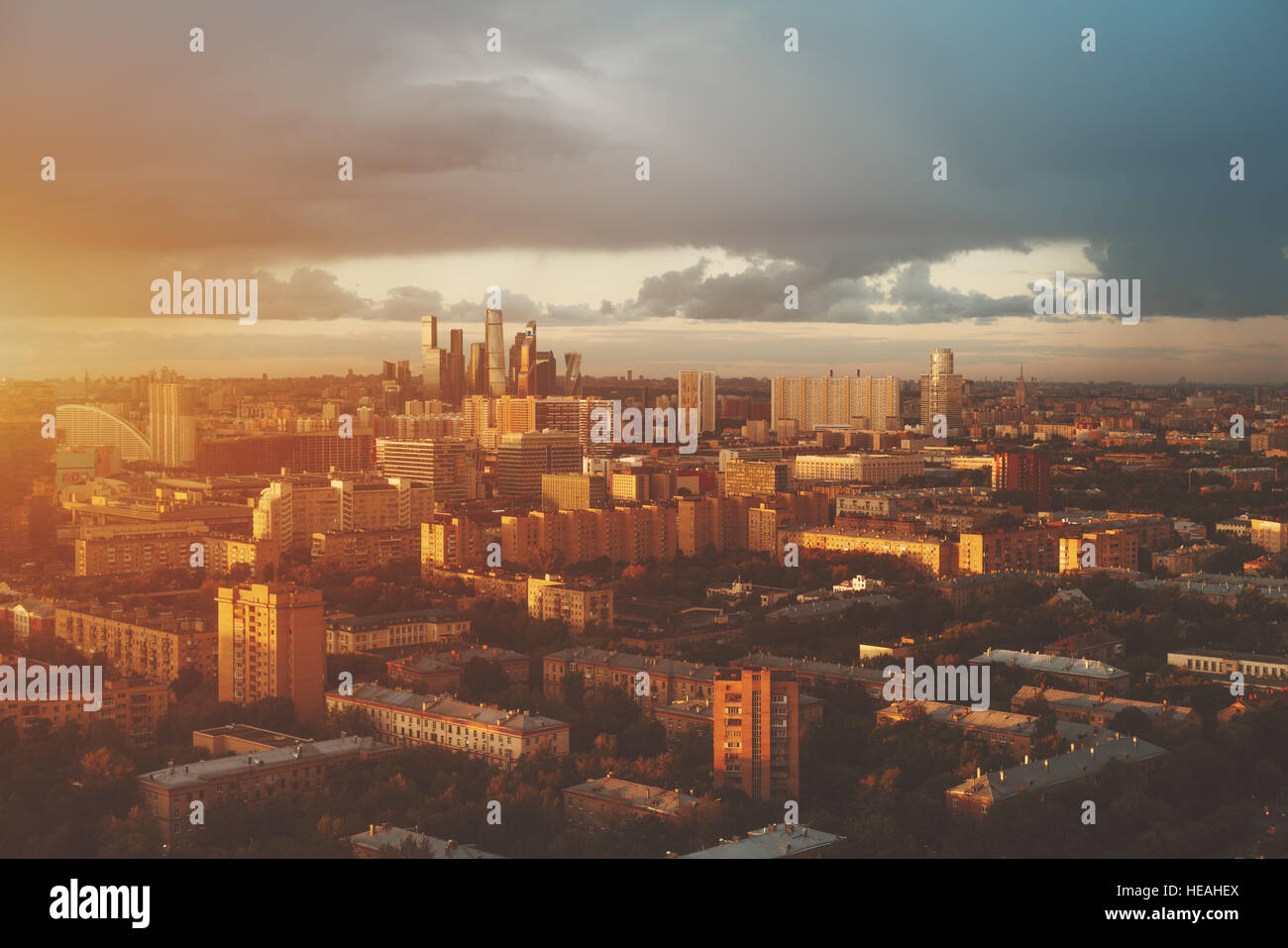 View from top of cityscape, residential buildings, park areas, group of ...
