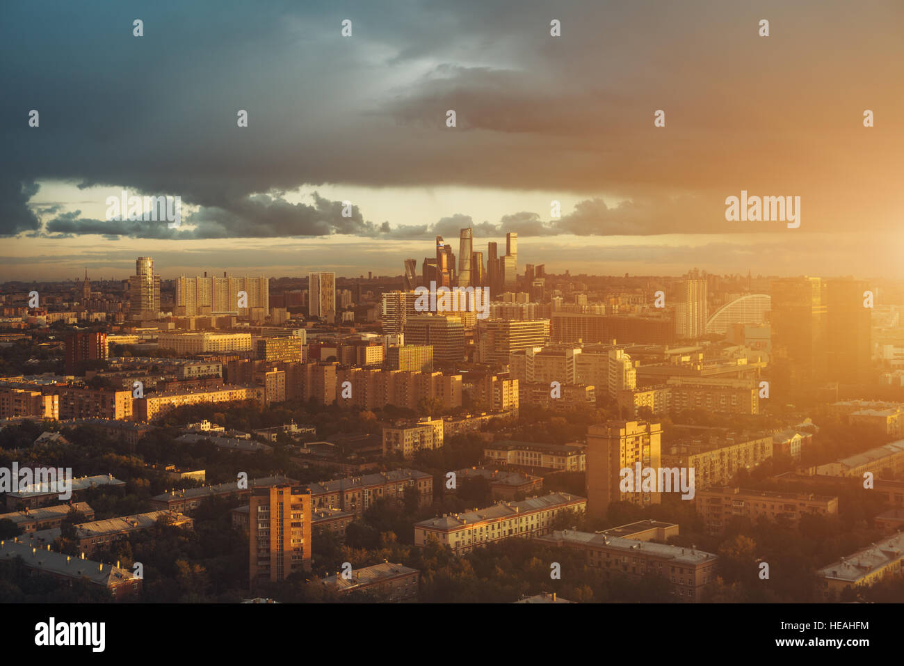 View from top of cityscape, residential buildings, park areas, group of ...