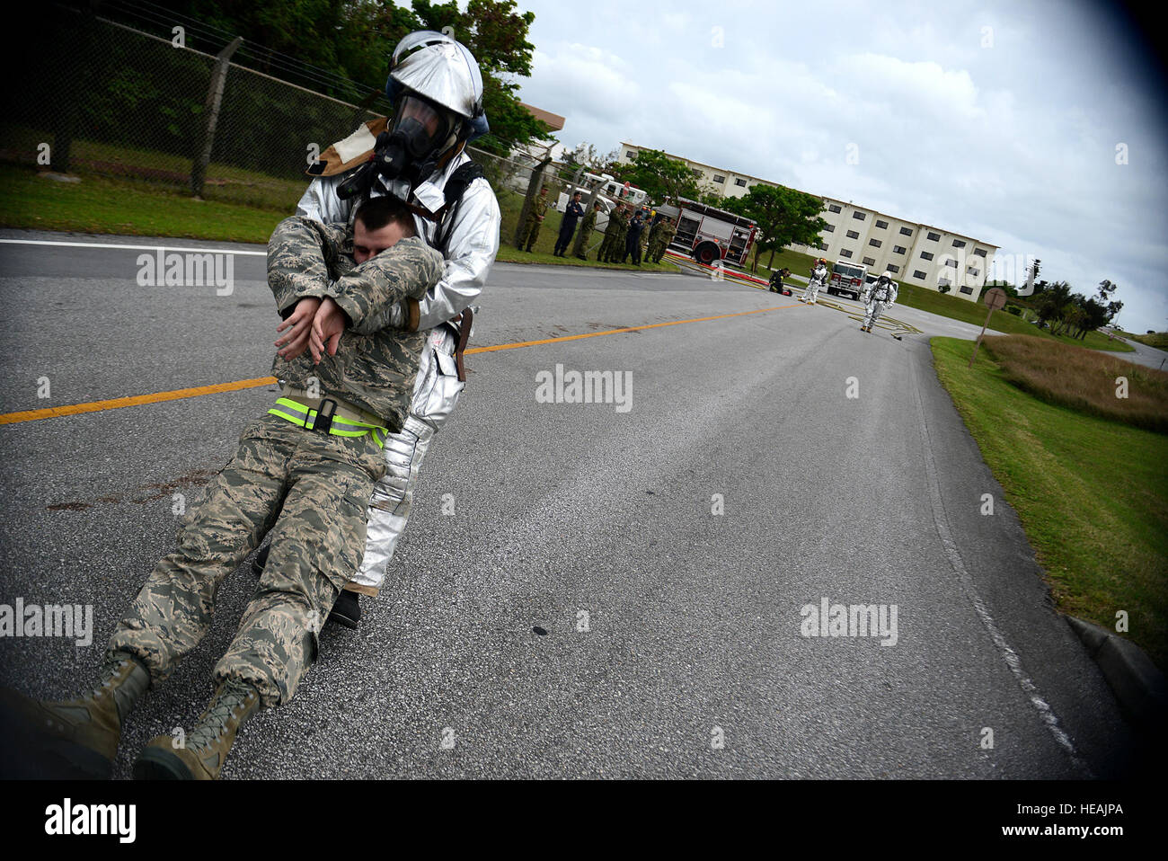 An U.S. Air Force firefighter from the 18th Civil Engineer Squadron ...
