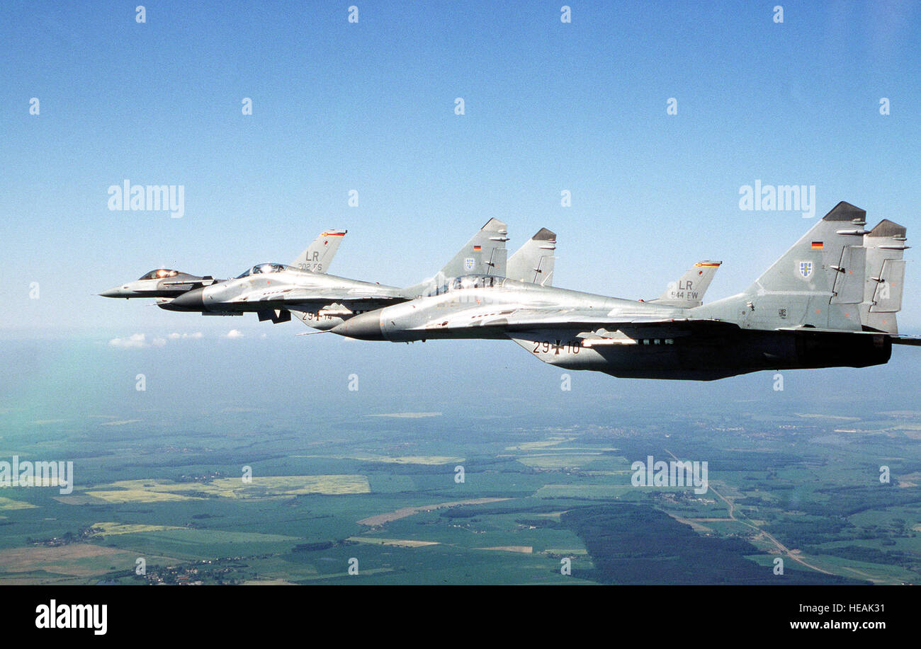 Air to air view of two German Air Force MIG-29 fighters and two Air ...