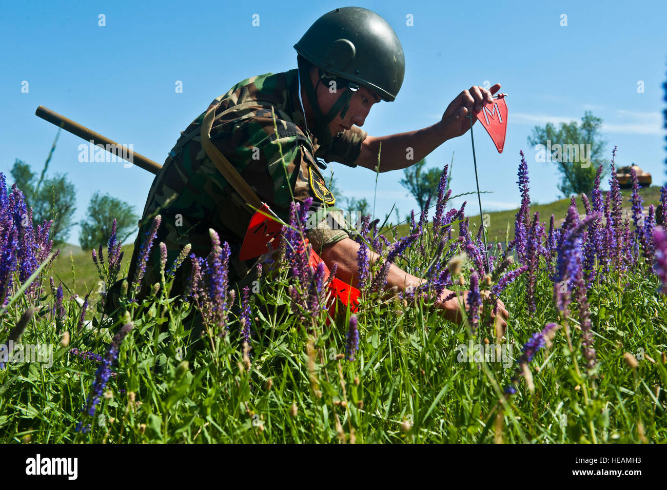 Kyrgyz Republic Cpl. Azamat Kemirkov places a landmine marker in the ...