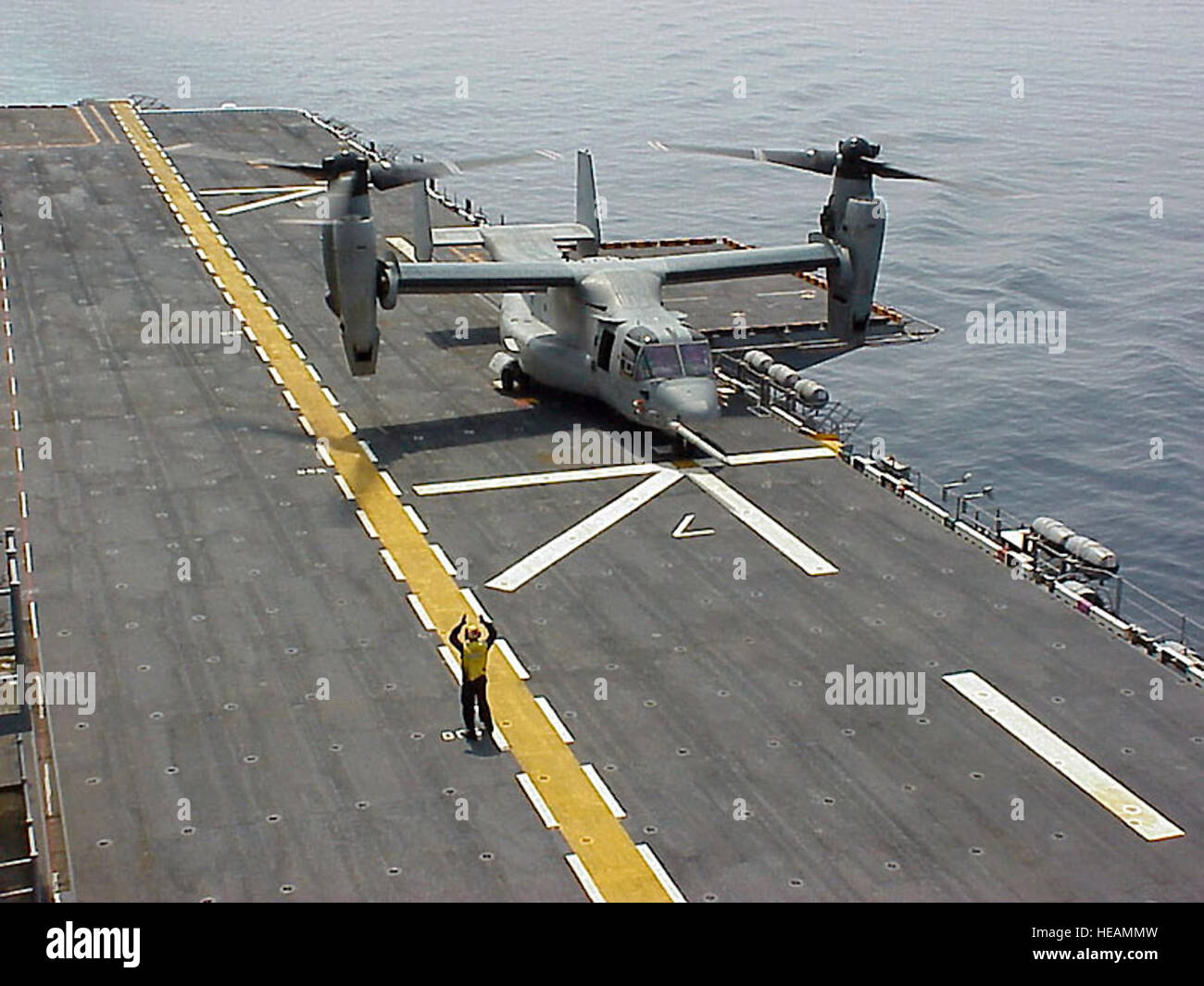An MV-22 Osprey prepares to launch from the USS Saipan in the Atlantic ...
