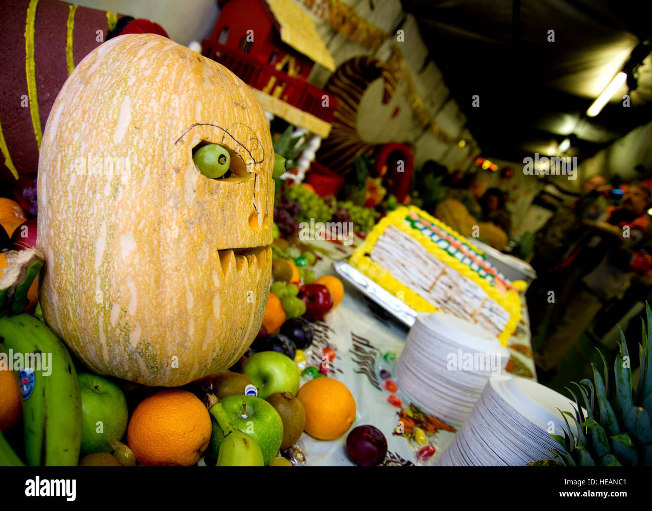 A carved pumpkin sits on a serving table at the Goat Dining Facility on ...