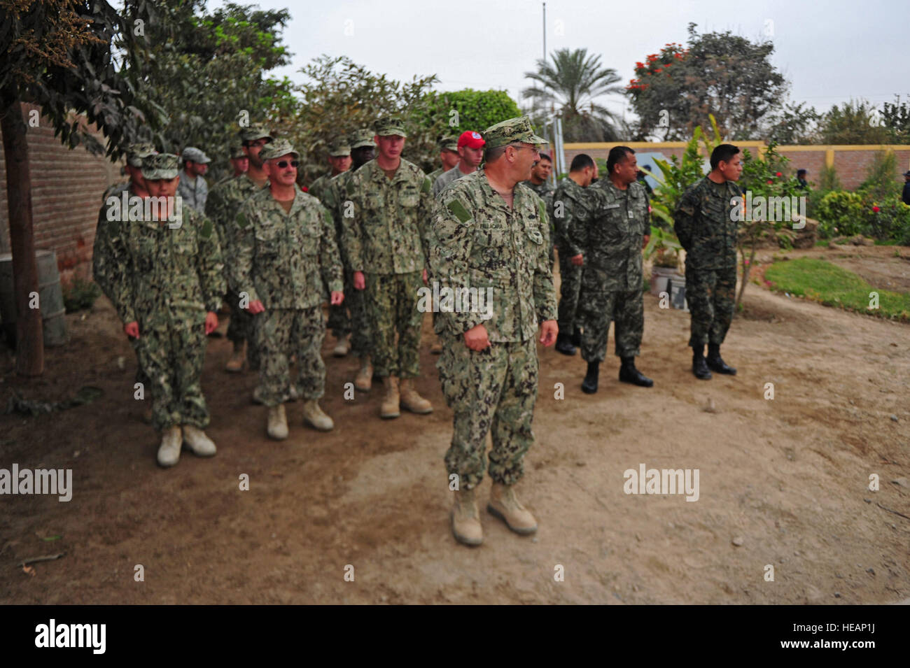 Peruvian soldiers stand at attention with U.S. Navy Seabees during the ...