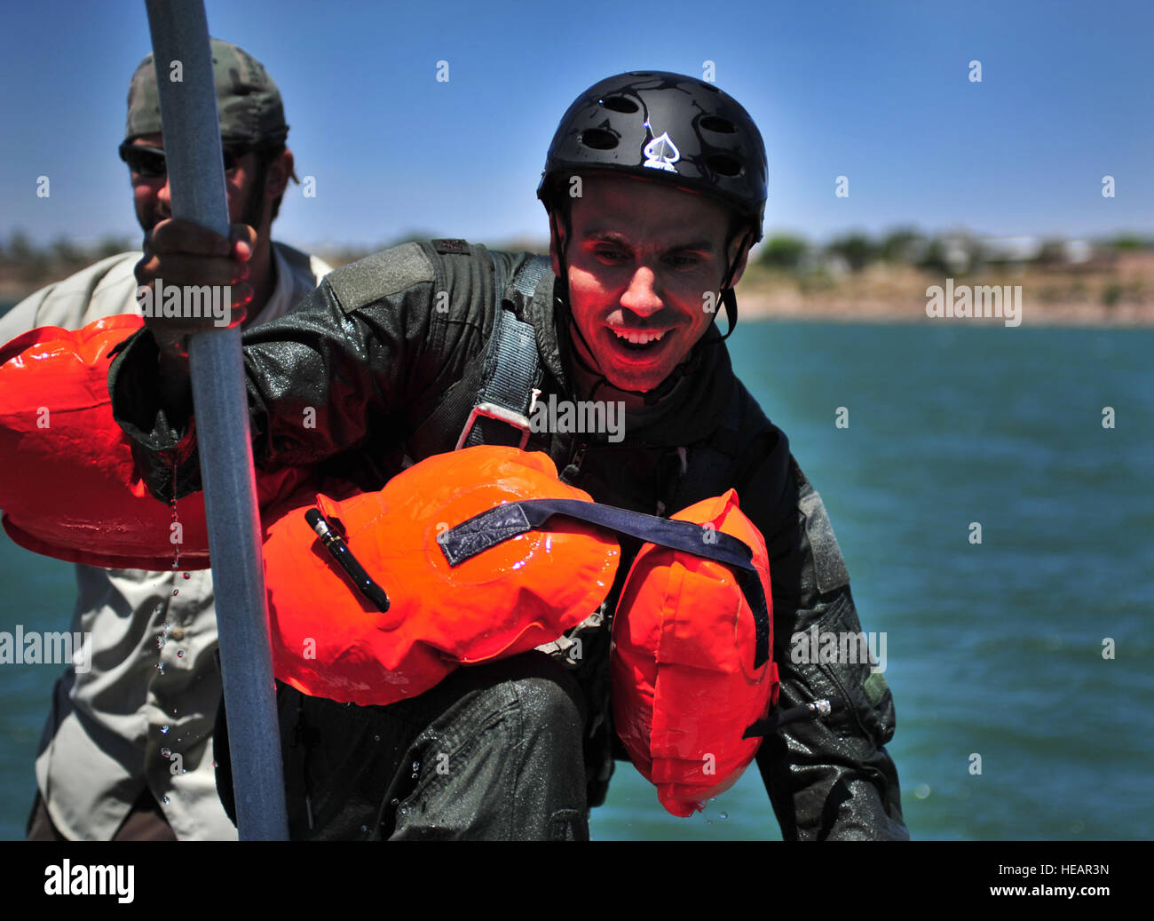 A U.S. Air Force aircrew member displays complete optimism after ...