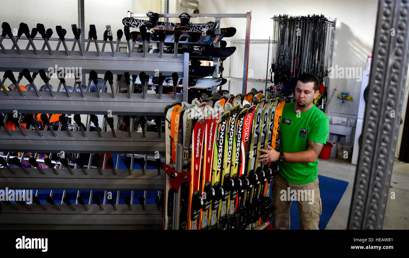 Military recreation personnel prepare outdoor winter equipment at the ...