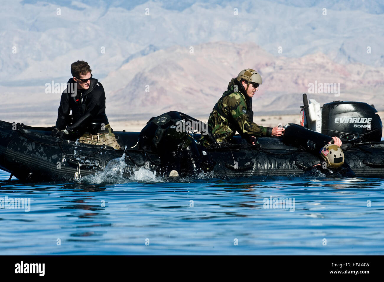 U.S. Air Force pararescuemen, 58th Rescue Squadron, get into a zodiac ...