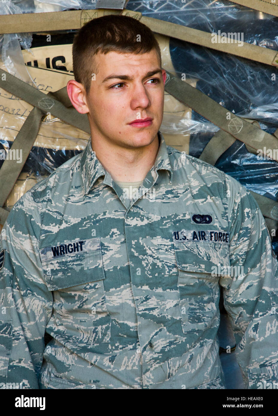 U.S. Air Force Senior airman Ryan Wright, air transporter from the 32nd ...