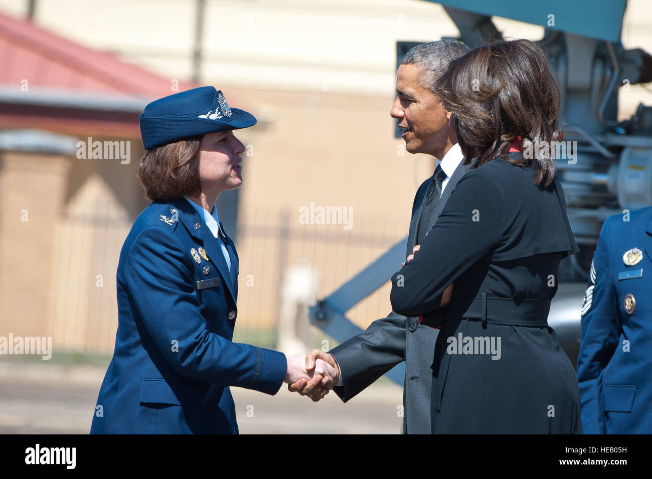 Col. Andrea Tullos, commander, 42nd Air Base Wing, greets President ...