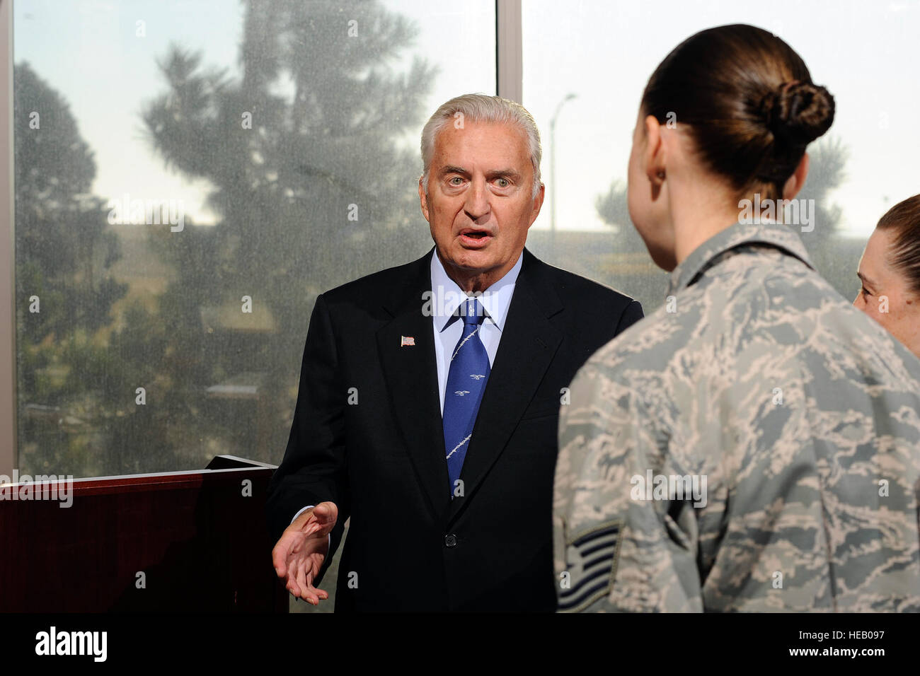 Retired U.S. Air Force Col. Paul K. Robinson Jr., left, greets Airmen ...