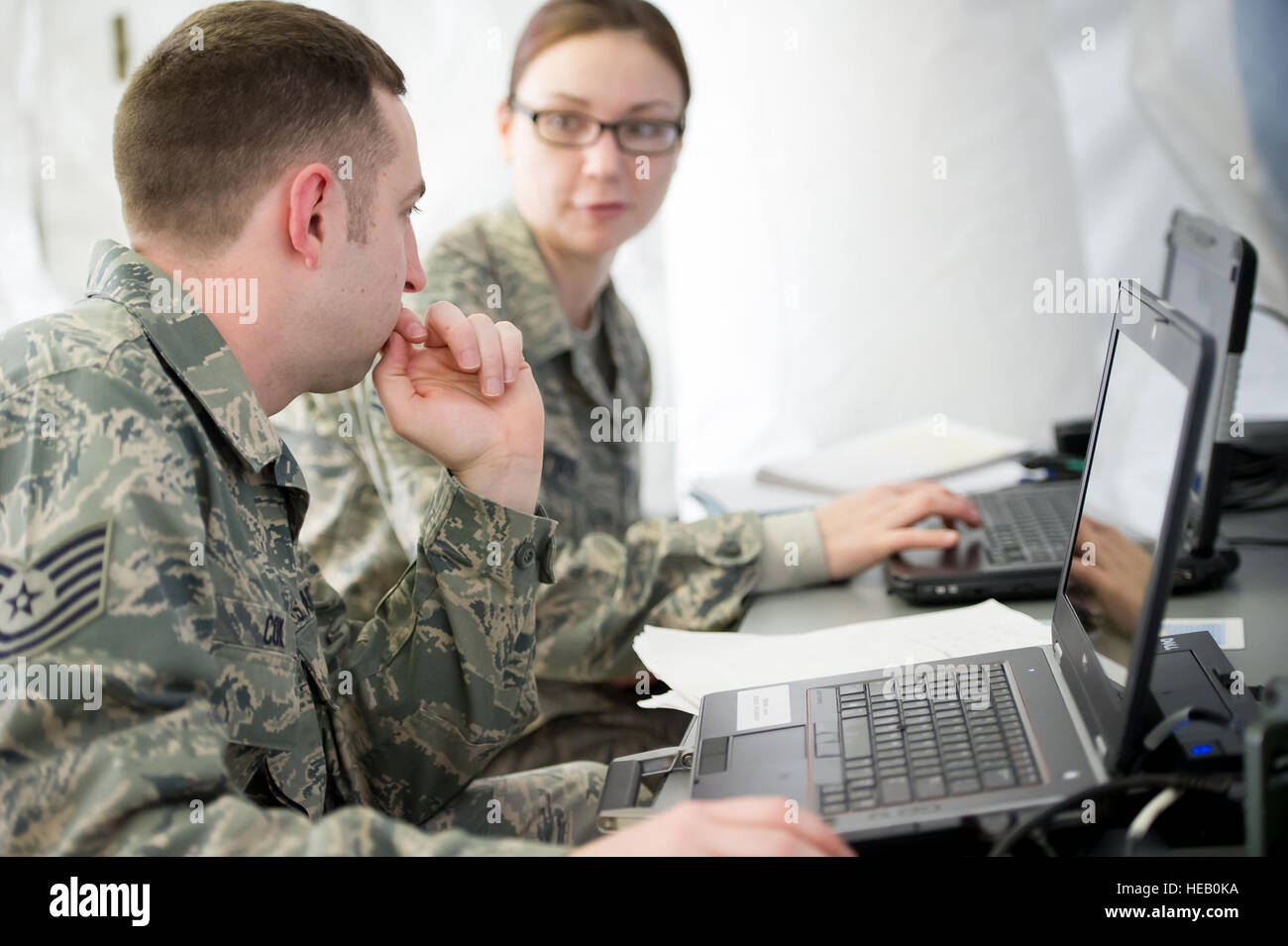 Tech. Sgt. James Cox and Staff Sgt. Helen Delatorre, RF Transmissions Systems specialists, 43rd ...