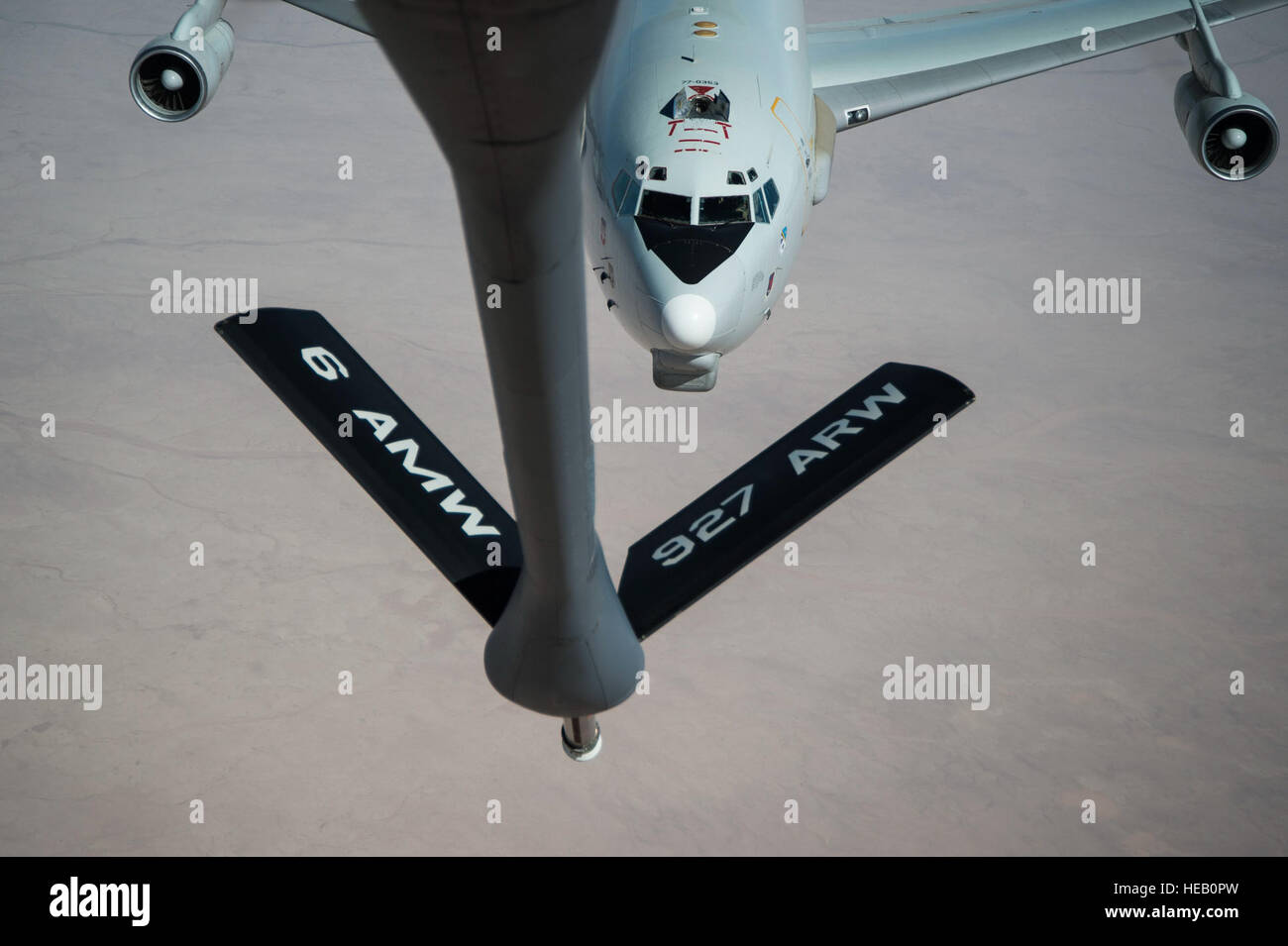 An E-3 Sentry (AWACS) approaches the refueling boom from during a ...