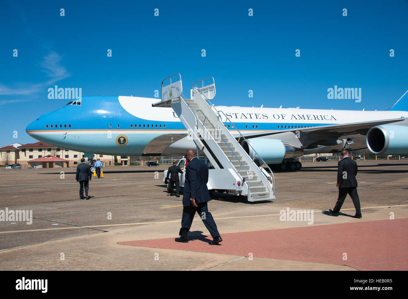 Alan Johns, 42nd Operational Support Flight, drives the air stairs to ...