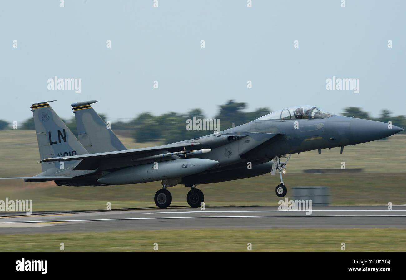 An F-15C Eagle from the 493rd Fighter Squadron takes off during a Phase II exercise June 18 ...