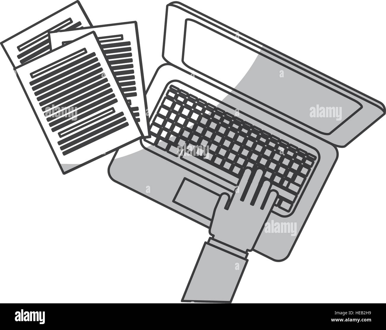 hands working on laptop computer device and paper pages icon over white ...