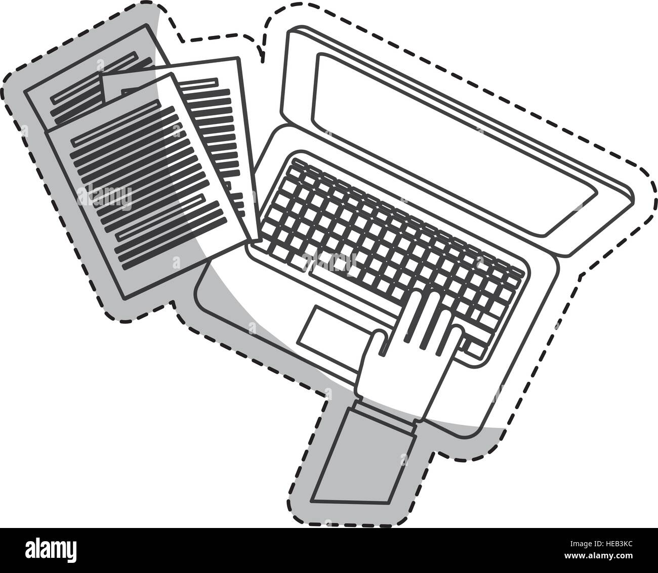 hands working on laptop computer device and paper pages icon over white ...