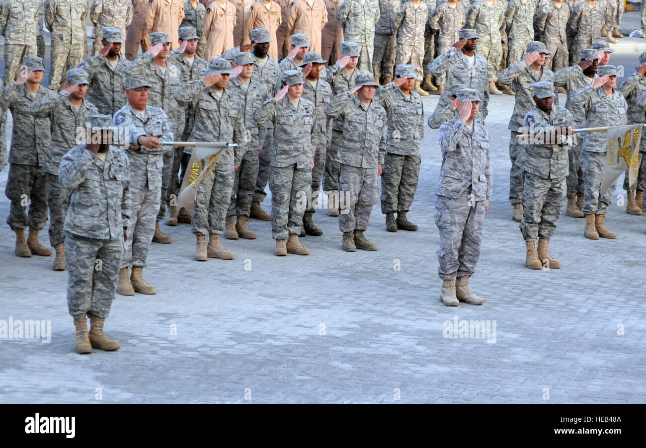 Airmen from the 380th Air Expeditionary Wing participate in a retreat ...