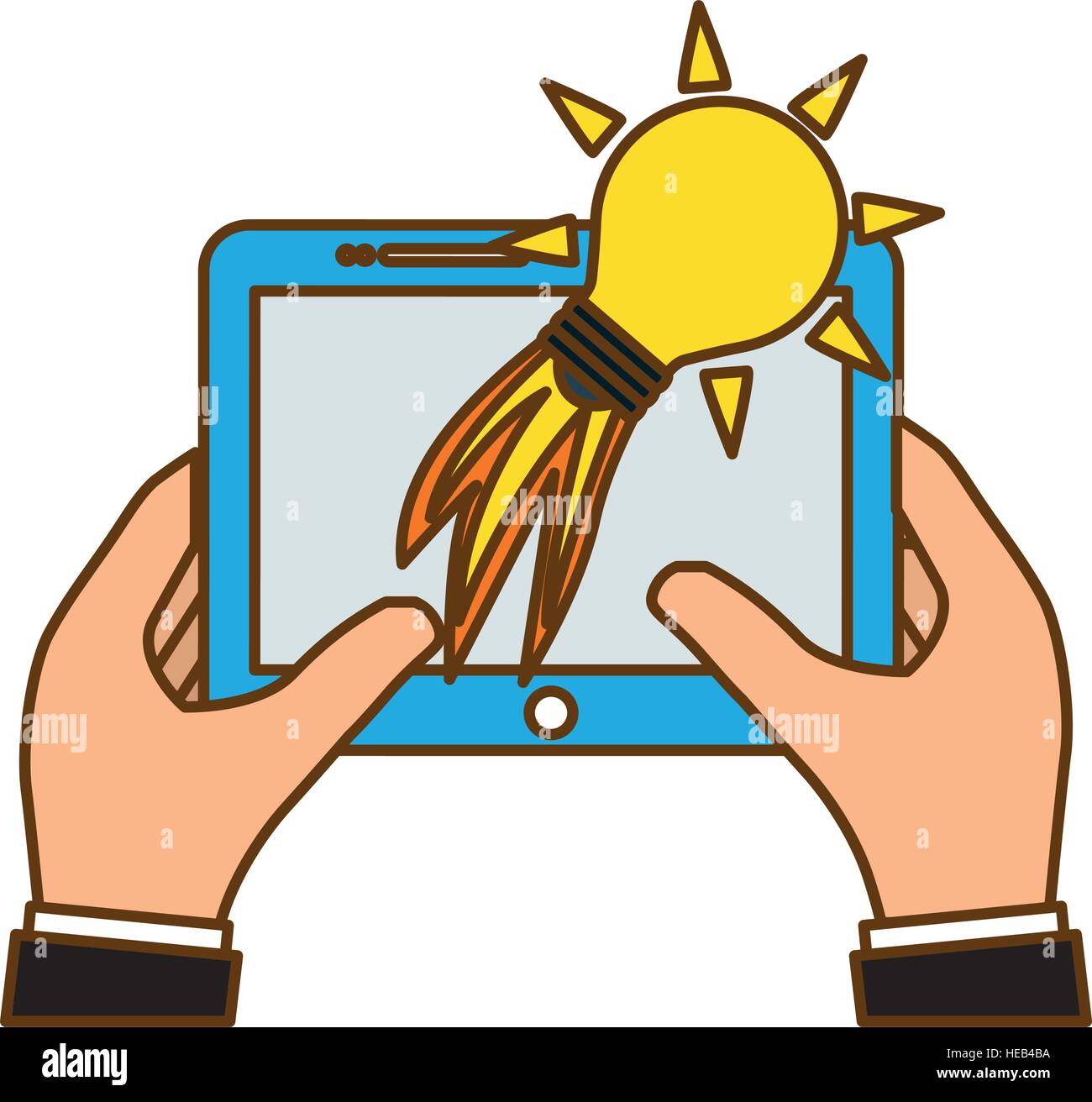 hands holding a tablet device with bulb light launching icon over white ...