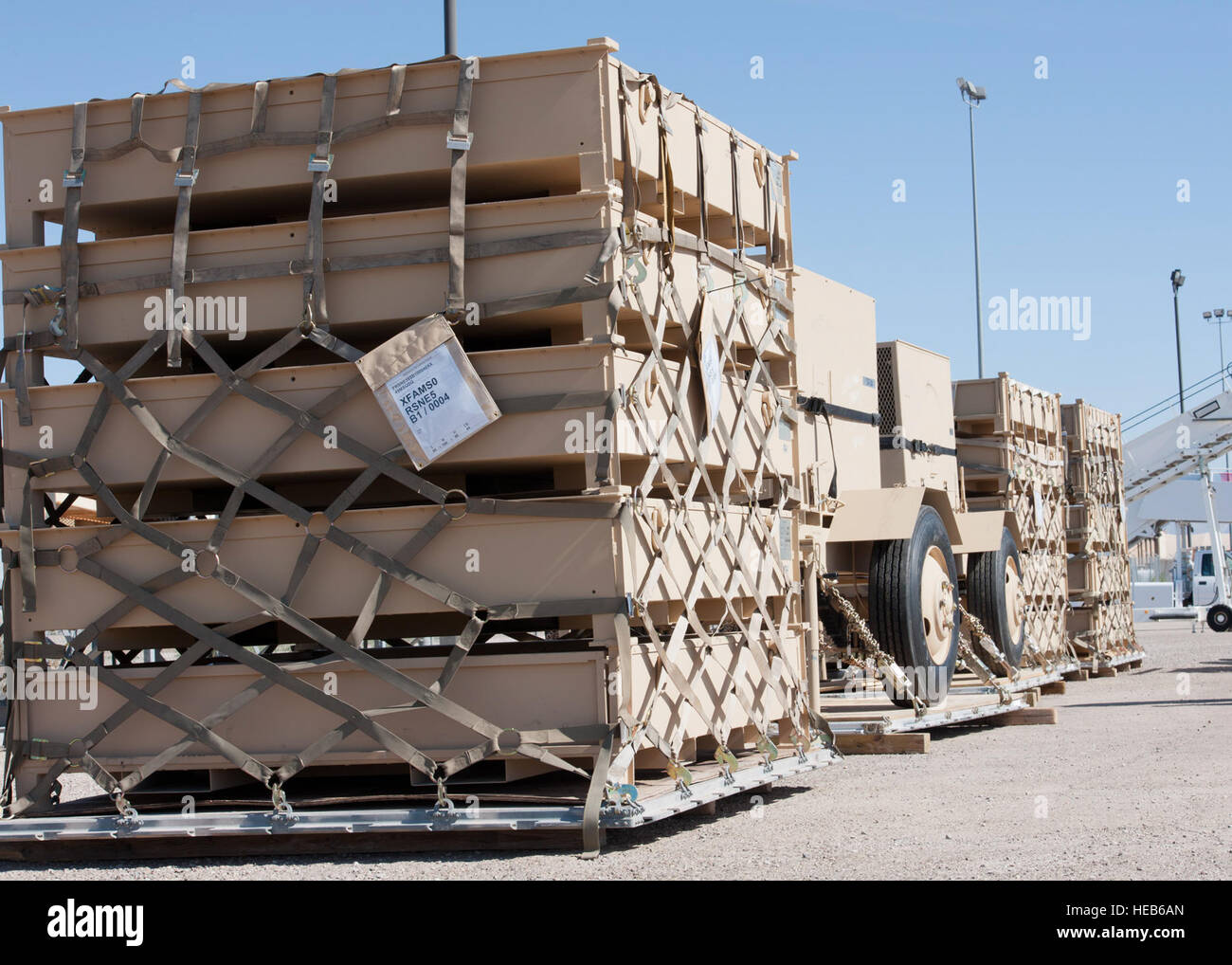 A row of pallets with supplies prepared by the 49th Materiel ...