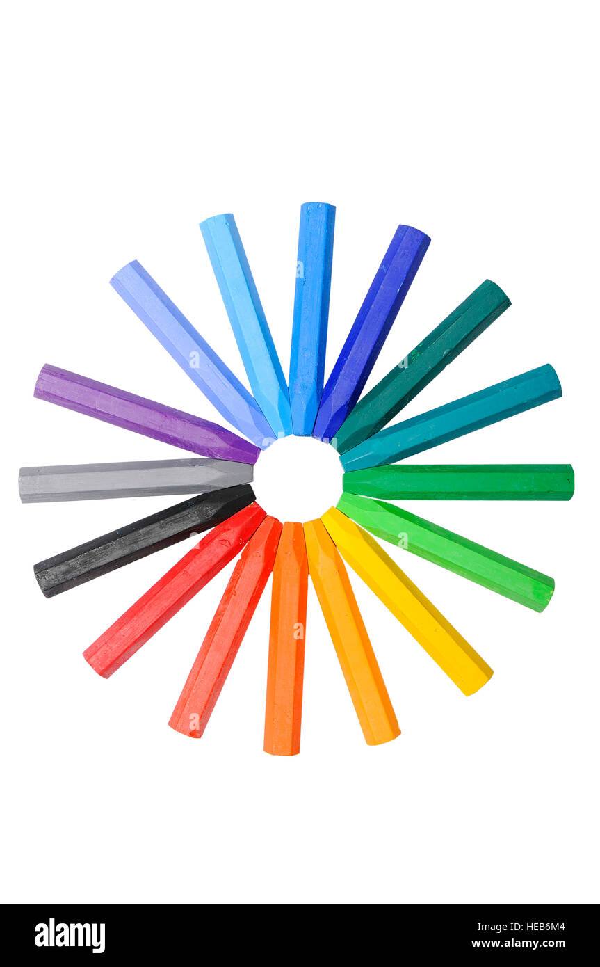 Row of colorful crayon making circle shape over white background Stock ...
