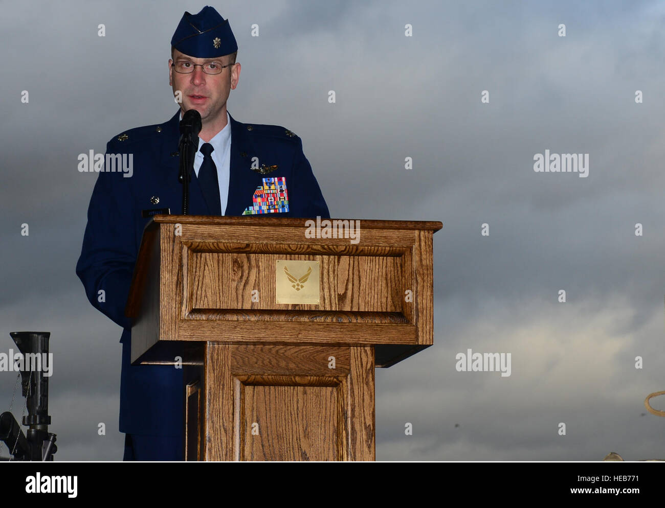 Lt. Col. Jared Herbert, 56th Rescue Squadron commander, speaks during a ...