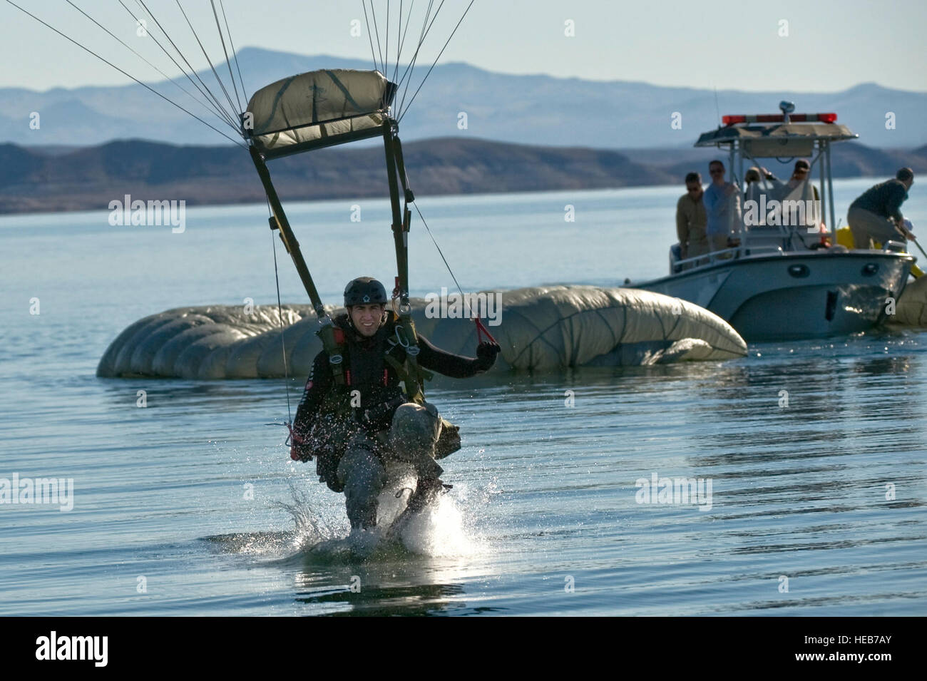 A U.S. Air Force pararescueman, 58th Rescue Squadron, prepares for a ...