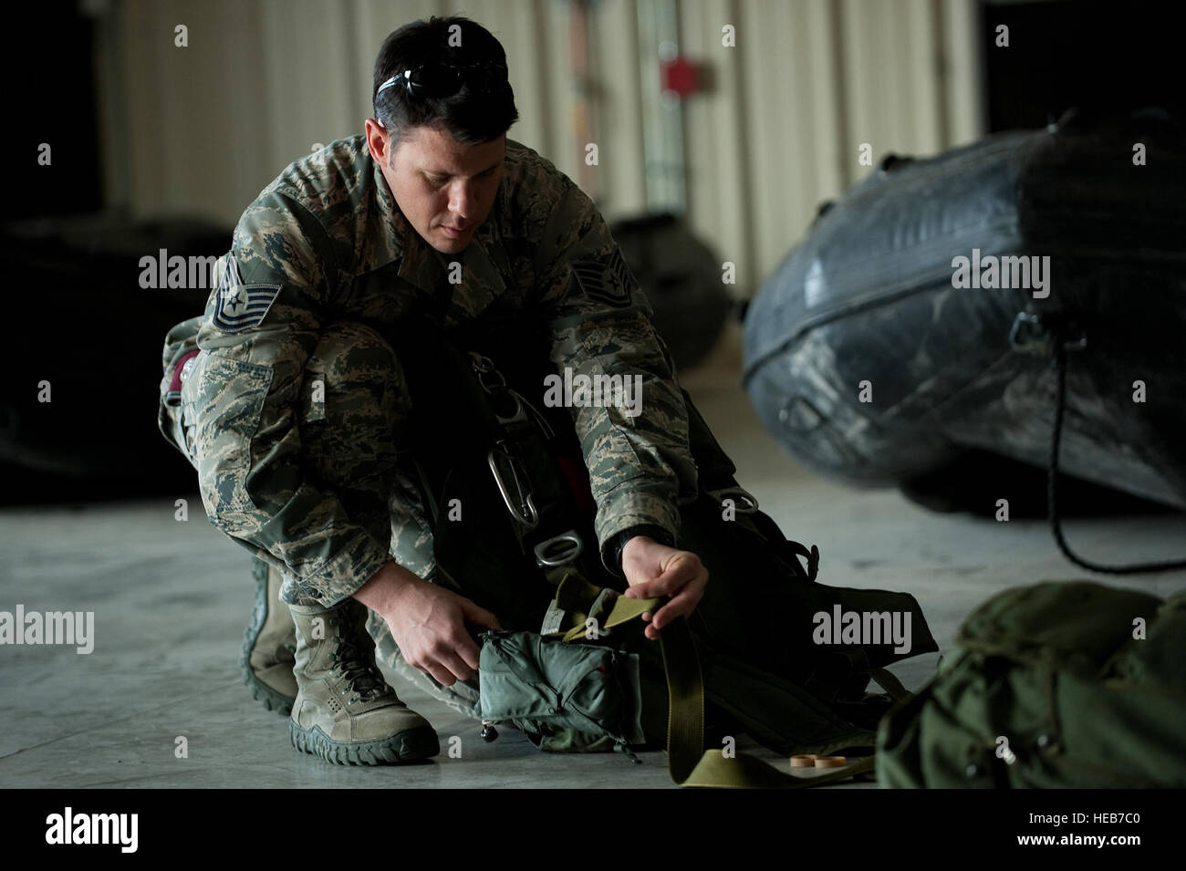 A U.S. Air Force pararescueman, 58th Rescue Squadron, prepares and ...