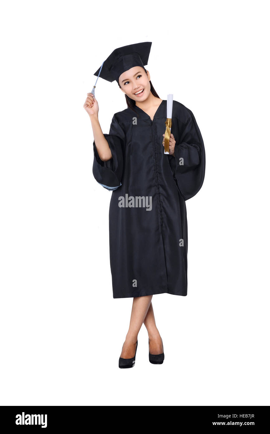 Full body portrait of beautiful female graduate isolated over white ...