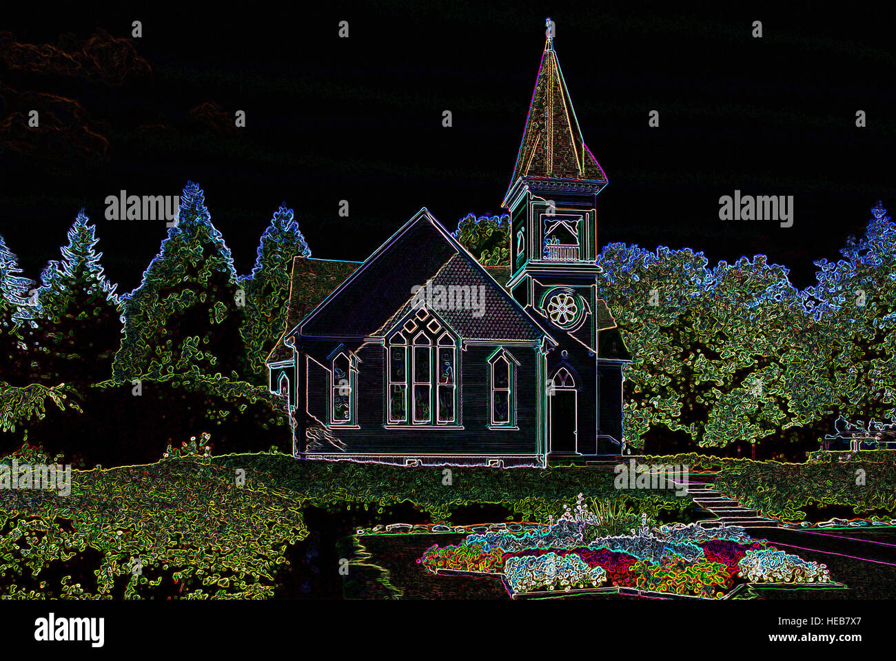 Small Wooden Rural Church - Digitally Manipulated Image with Glowing ...