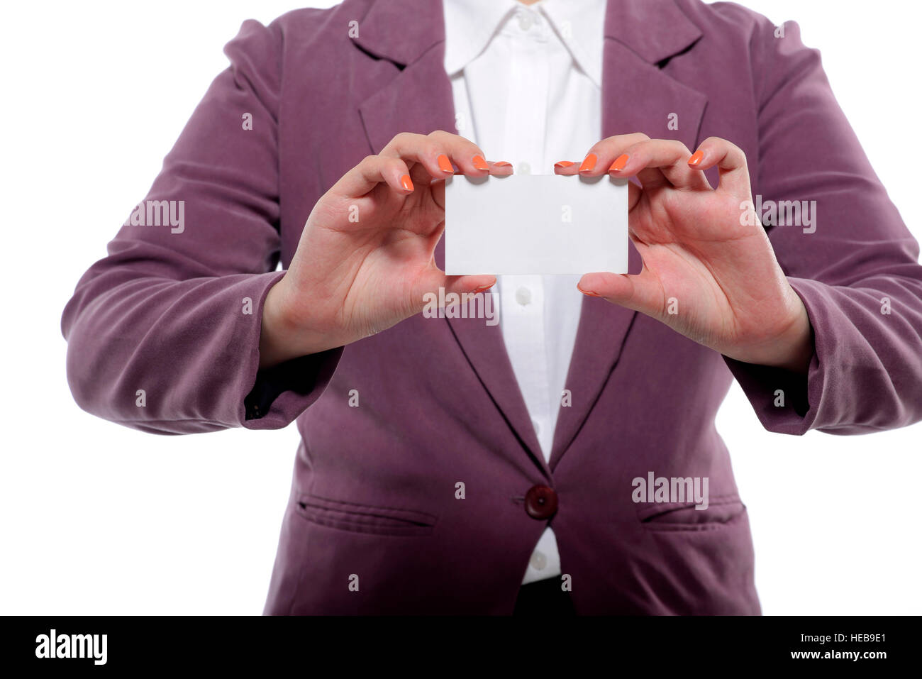 Asian business woman showing name card on white background. You can put ...
