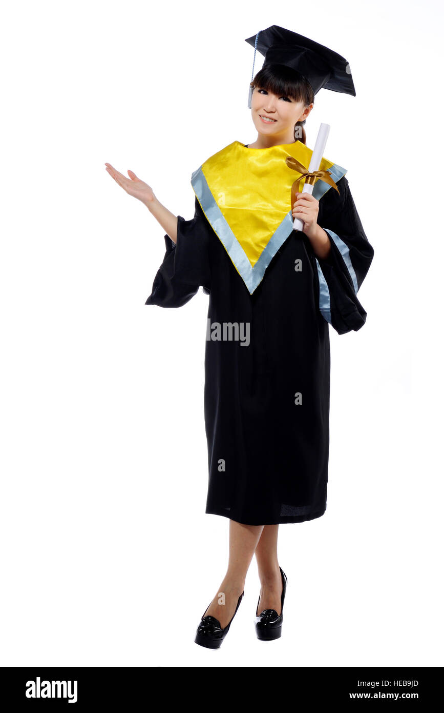 Fullbody beautiful female graduate isolated over white background Stock ...