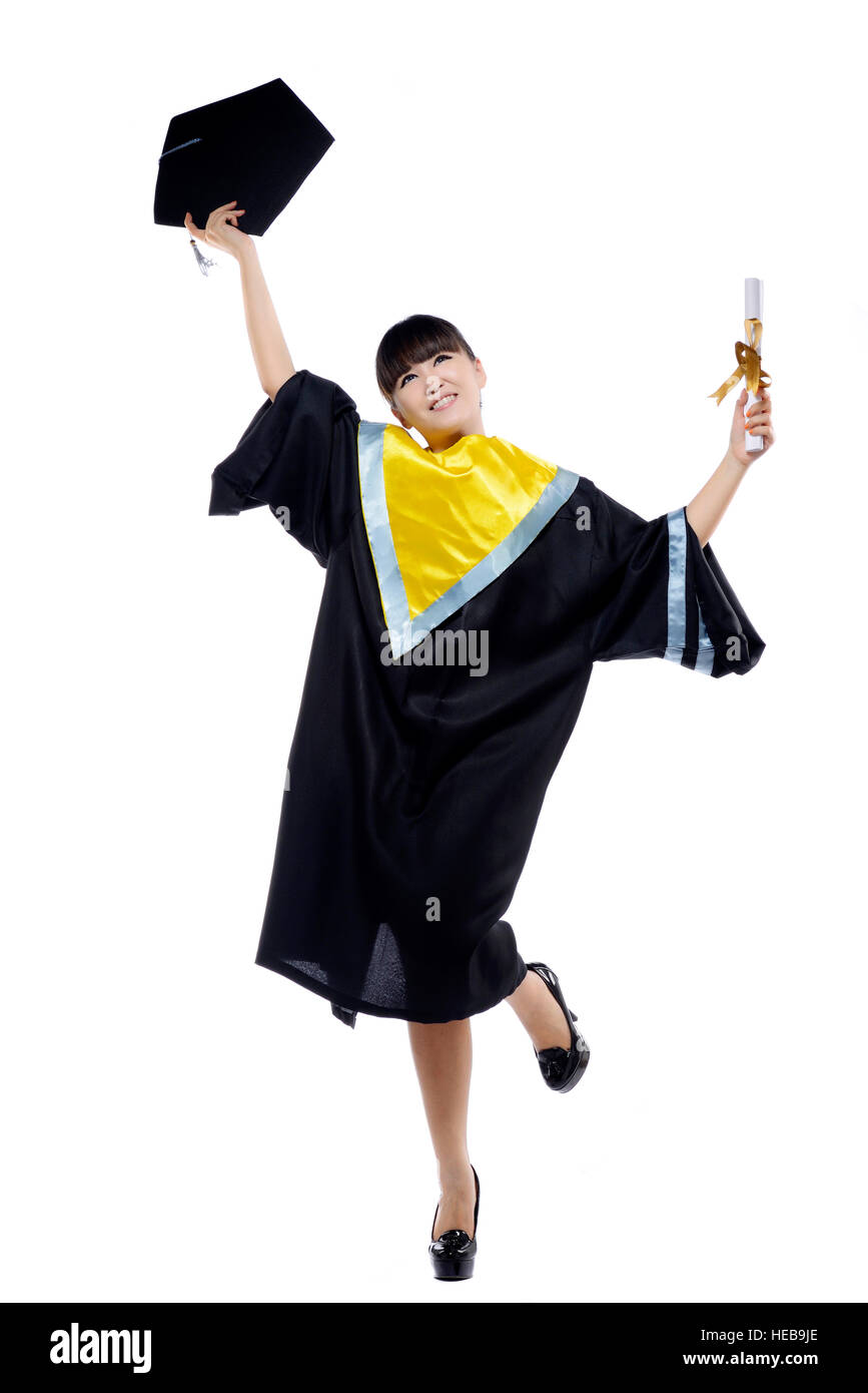 Fullbody beautiful female graduate isolated over white background Stock ...