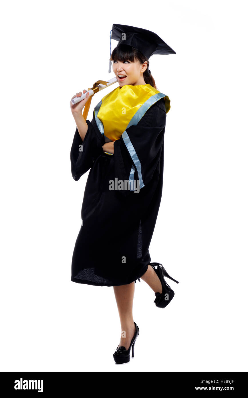 Fullbody beautiful female graduate isolated over white background Stock ...