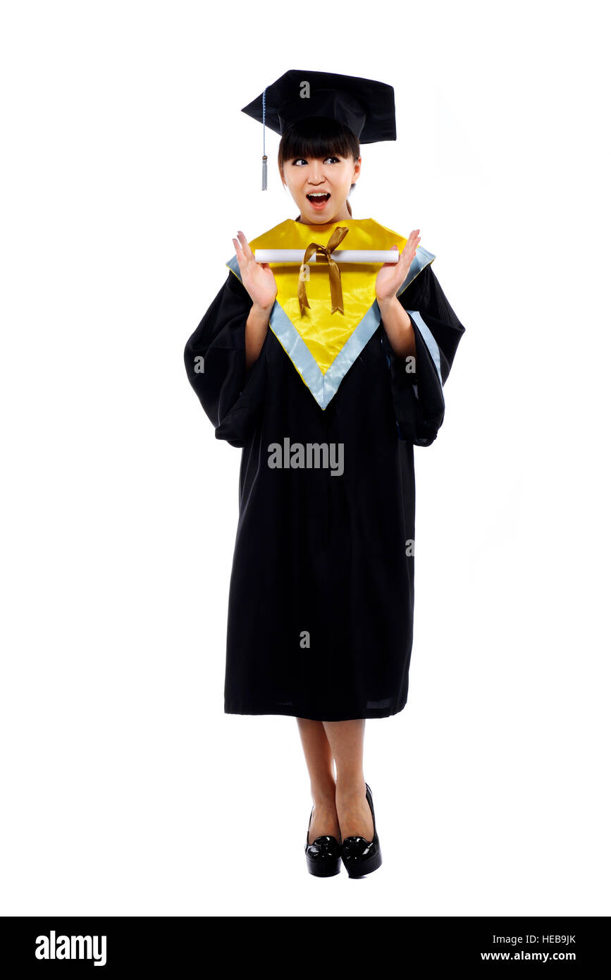 Fullbody beautiful female graduate isolated over white background Stock ...
